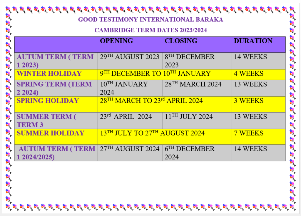 Term Dates – Good Testimony Schools
